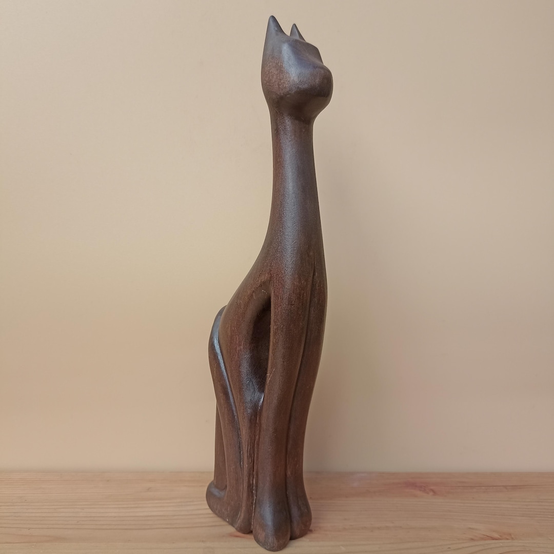 Wood Sculpture Sitting Cat Handcarved Cat Figurine Gift Idea Boho Art ...