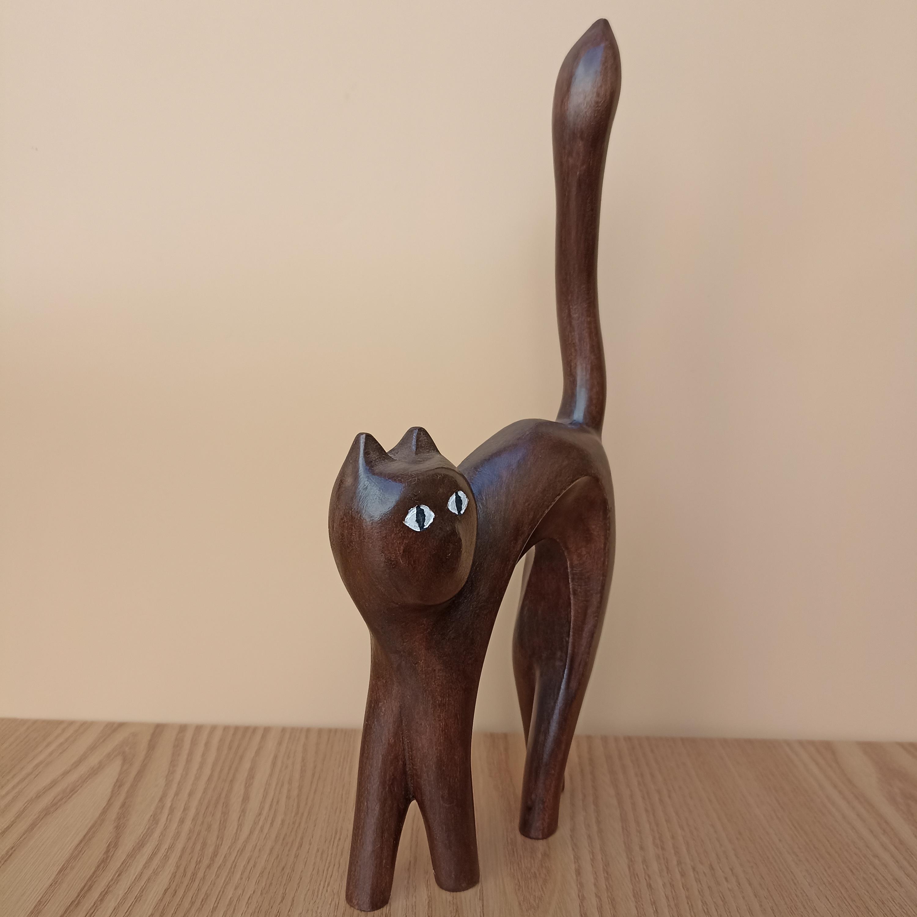 Handcarved Wood Sculpture Cat - Cat Figurine - Boho Decor - Etsy