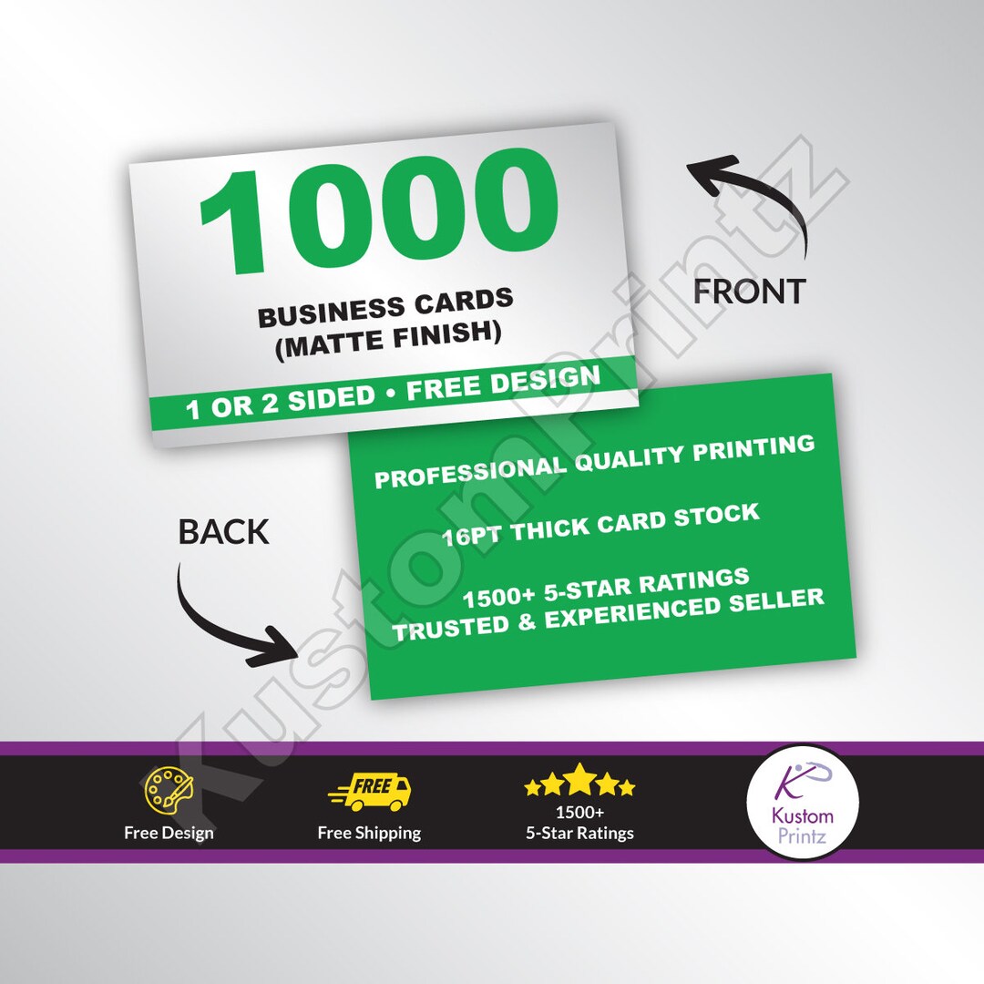 1000 Custom Full Color Business Cards, 16PT Thick, Matte Finish, Free ...