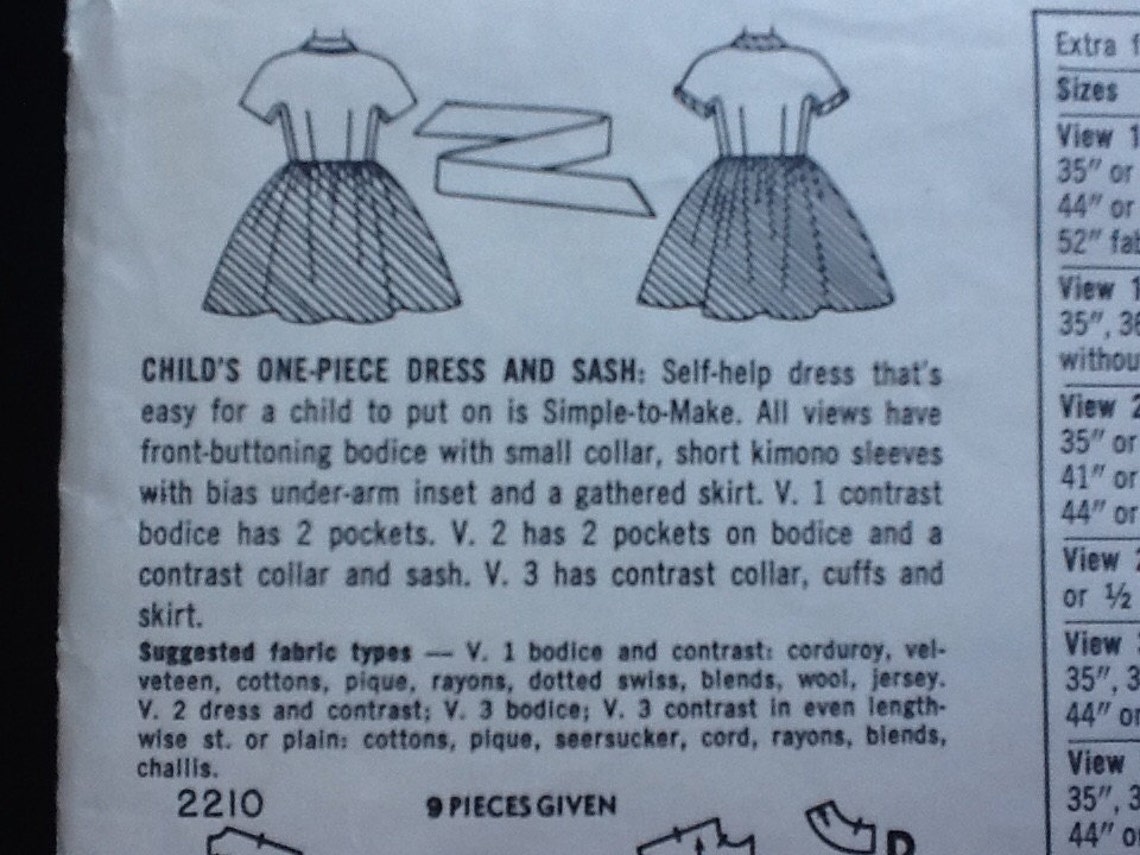 Simplicity pattern 2210. Vintage 1957 girl child one piece | Etsy
