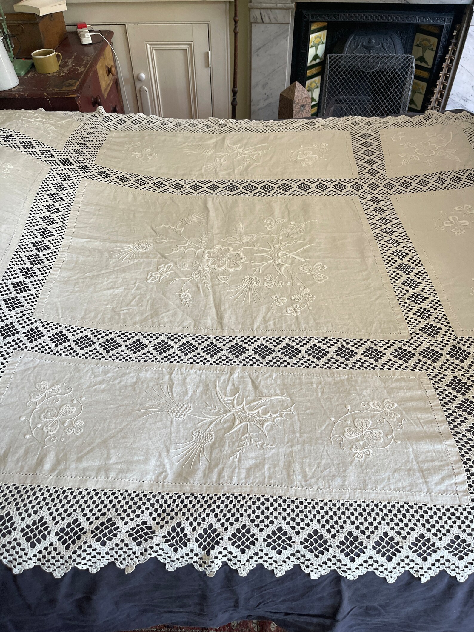 Antique White Linen Bedspread Tablecloth With Embroidery and Crochet ...