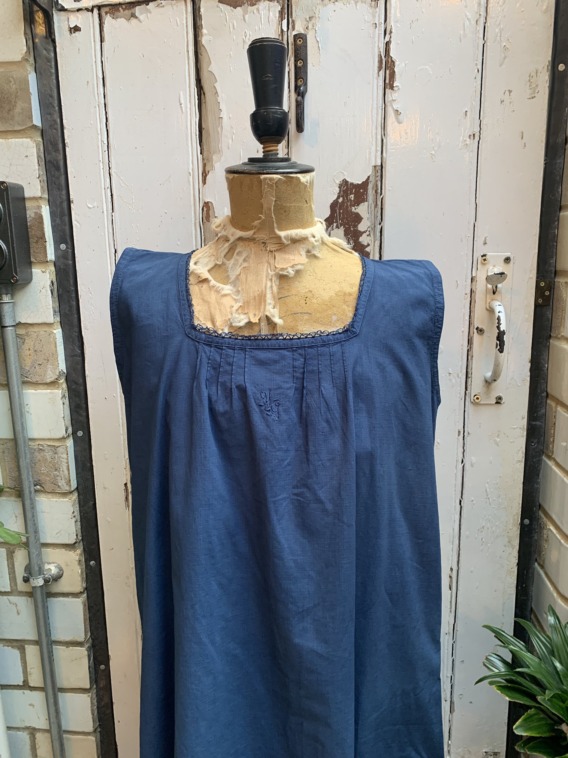 Antique French blue cotton dress initials YG size M UK 12 | Etsy