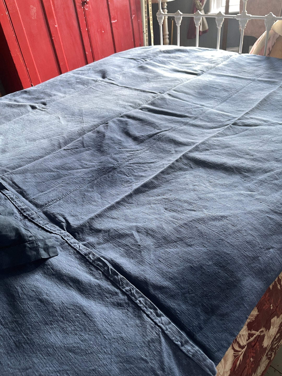 Antique French Blue Cotton Linen Metis Double Flat Bed Sheet Initials ...