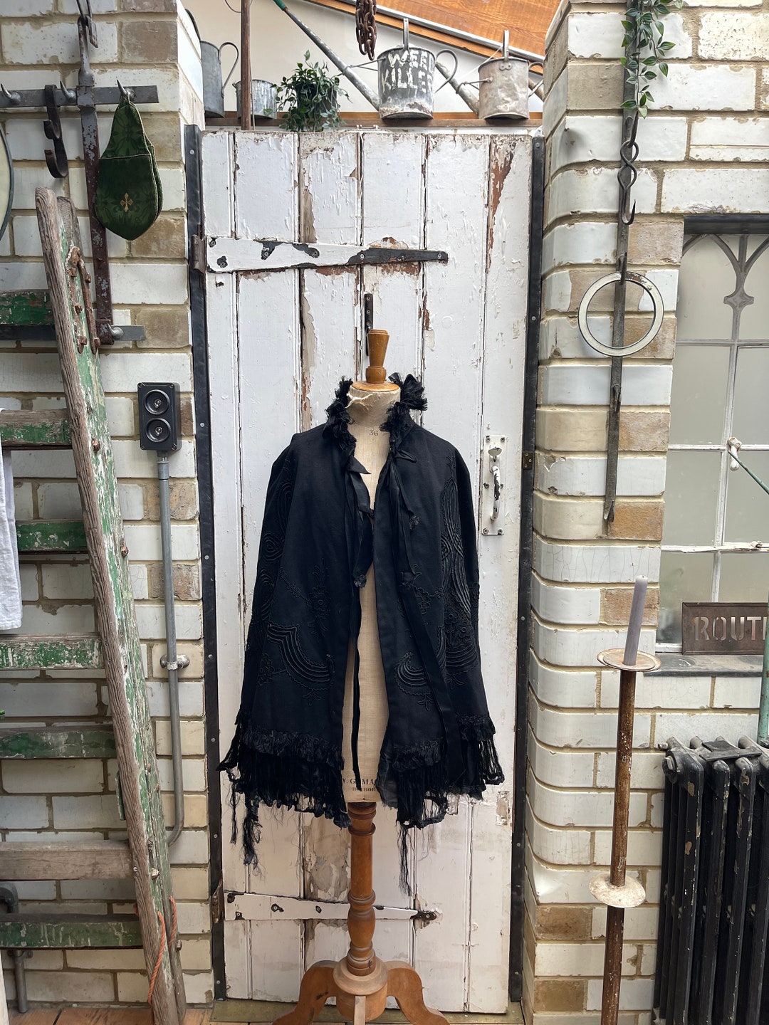 Antique French Black Wool Cape Cloak With Embroidery and Silk Trim One ...