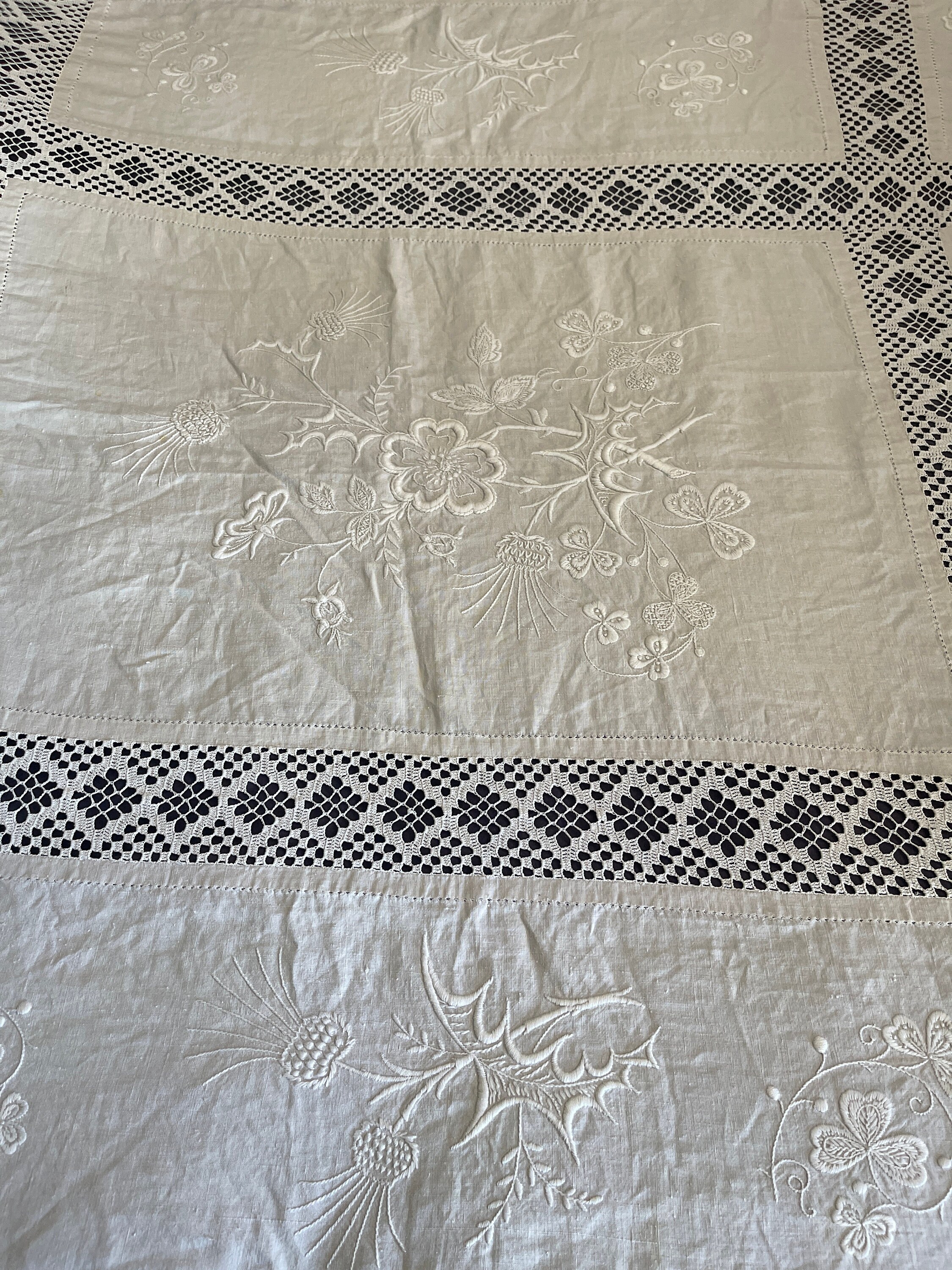Antique White Linen Bedspread Tablecloth With Embroidery and Crochet ...