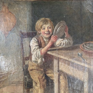 Antique Georgian Oil Painting Study of Boy in Kitchen Scullery With ...