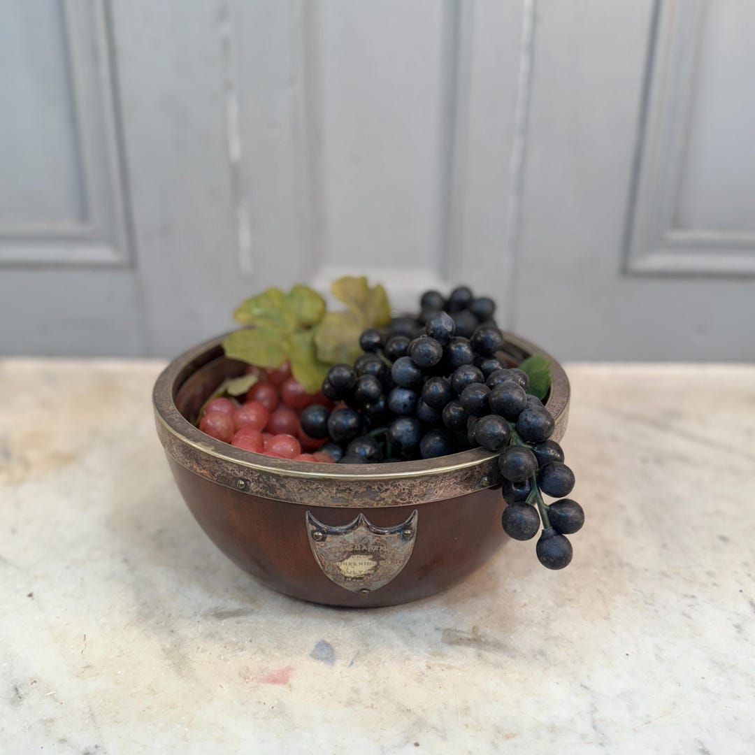 Antique Treenware Turned Fruit Bowl With Silver Plated Plaque Dated ...