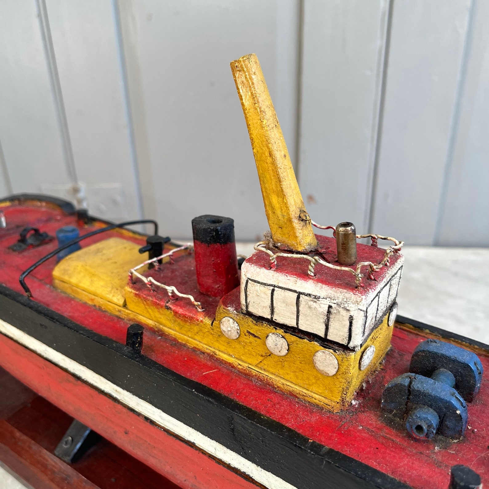 Antique Handmade Wooden Model Tug Boat on Stand | Etsy