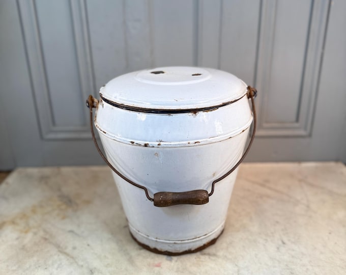 Vintage White Enamel Slop Bucket; White & Red Waste Pail; Enamelware ...