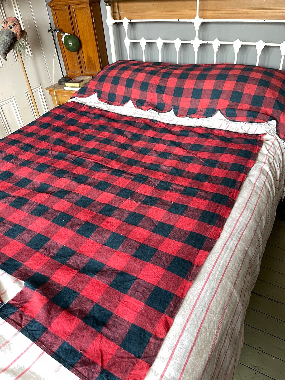 Antique French Handmade Vichy Red Blue Cotton Check Window Curtain ...