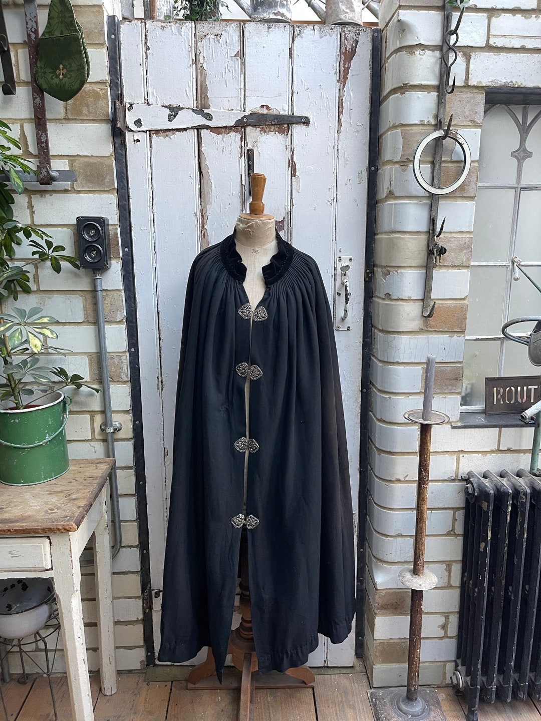 Antique Dutch Handmade Long Black Wool Cape Cloak With Metal Clasps One ...
