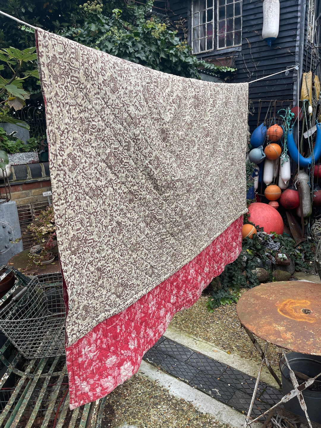 Large Antique French Red Green Cotton Patterned Double Quilt Eiderdown ...