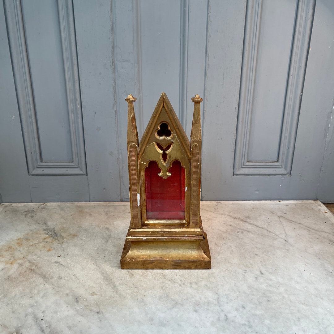 Antique French Religious Gothic Style Glazed Icon Display Case With ...