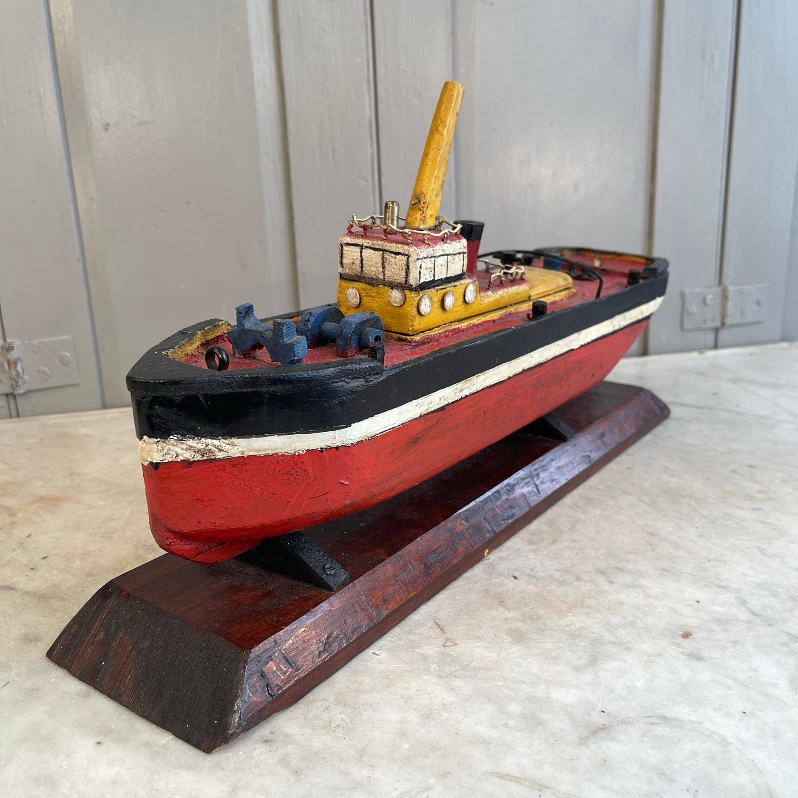 Antique Handmade Wooden Model Tug Boat on Stand | Etsy