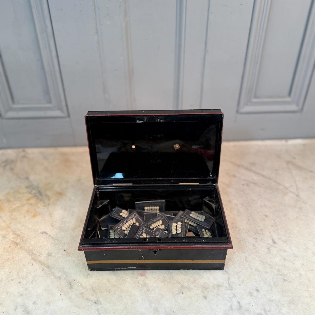 Antique Victorian Toleware Box With Misc Collection of Dentists False ...