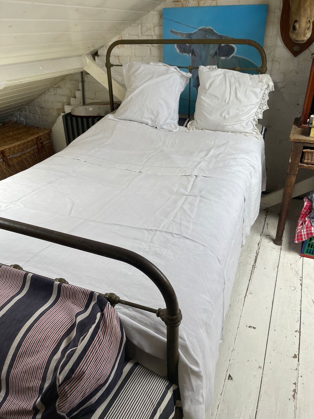 Antique French White Linen Double Sheet With Embroidery Detail and ...