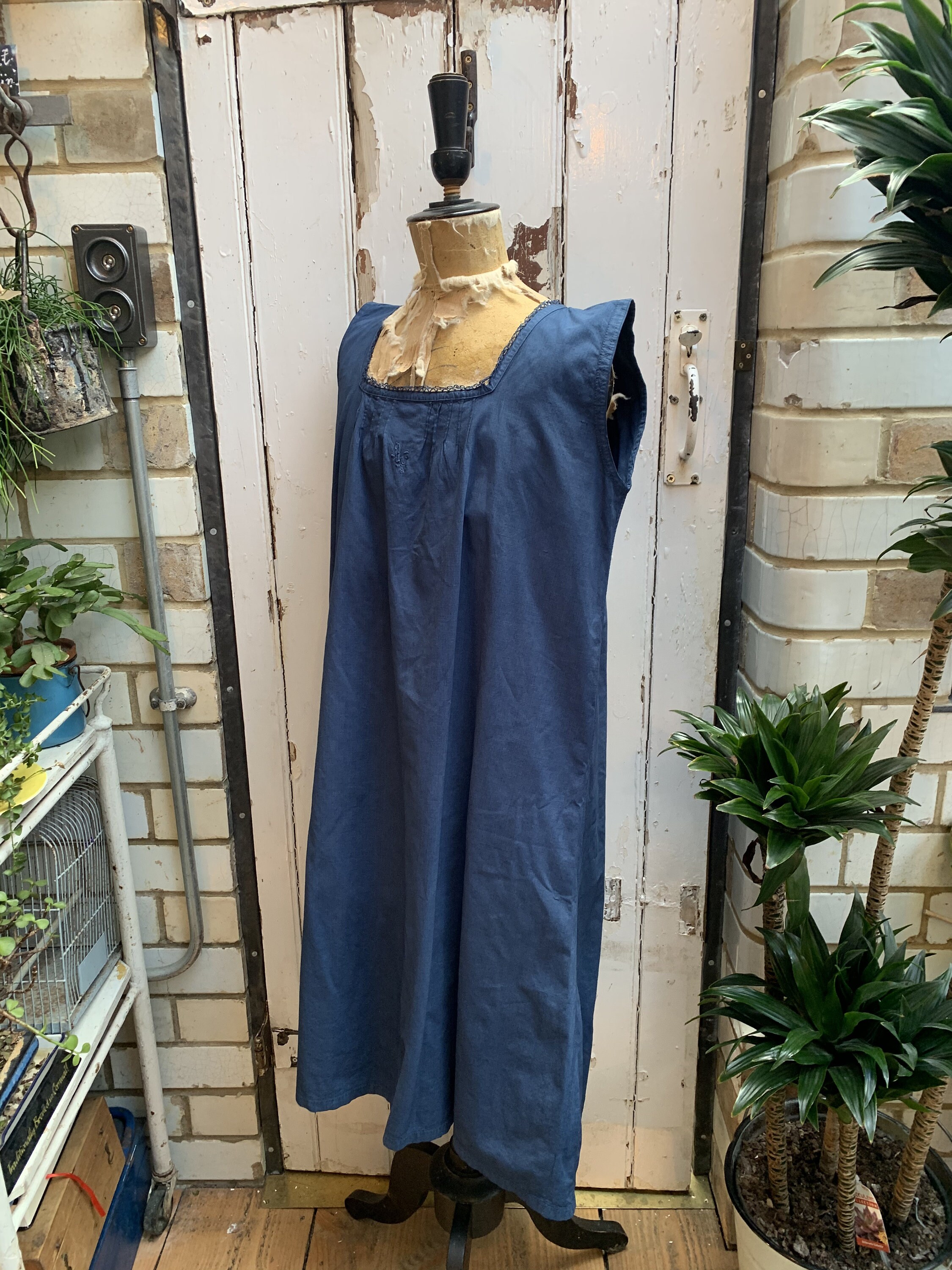 Antique French blue cotton dress initials YG size M UK 12 | Etsy