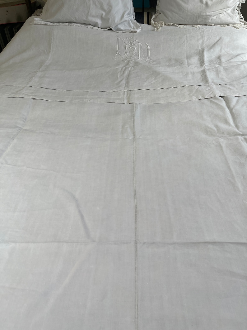 Antique French White Linen Double Sheet With Embroidery Detail and ...