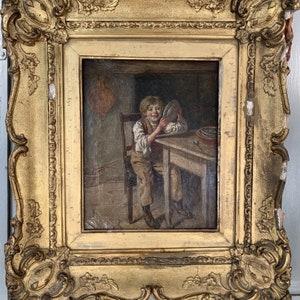 Antique Georgian Oil Painting Study of Boy in Kitchen Scullery With ...