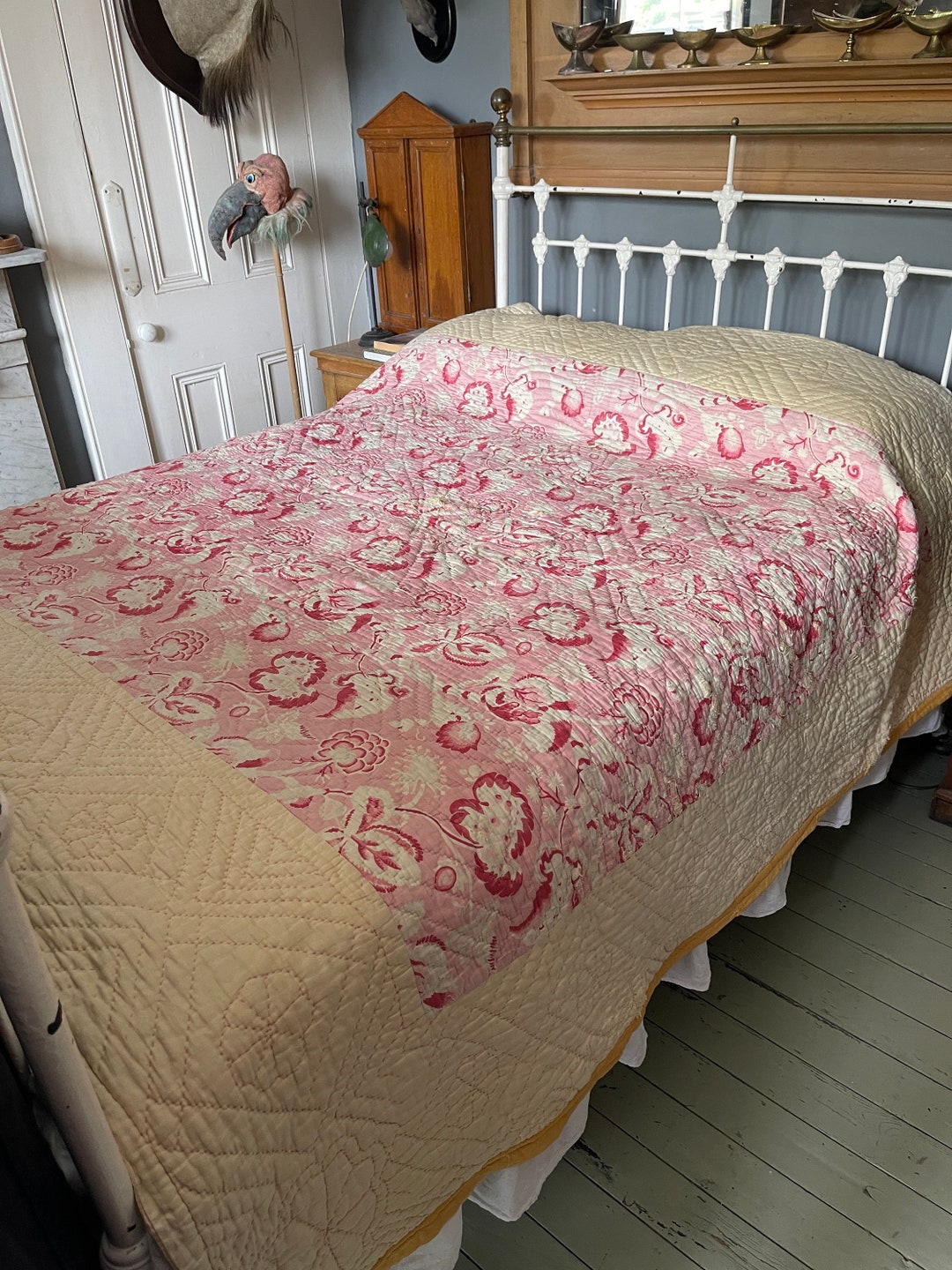 Antique Handmade Pink Floral Durham Double Cotton Quilt Throw Bedspread ...