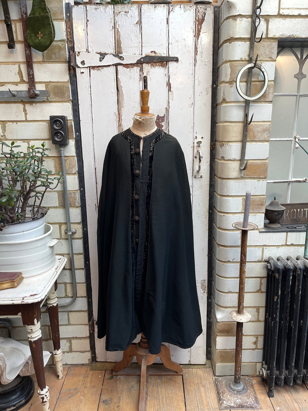 Antique Dutch Handmade Long Black Wool Cape Cloak With Velvet Trim and ...