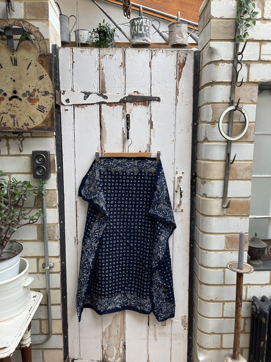 Large Antique Dutch Handmade Dark Indigo Blue Patterned Square Cotton ...