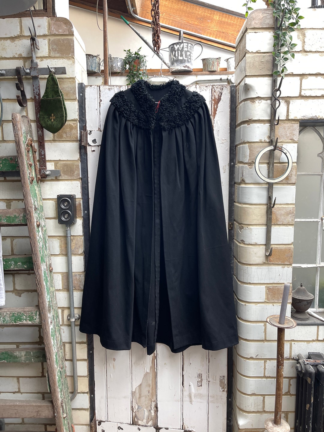 Antique French Handmade Long Black Wool Cape Cloak With Astrakhan ...