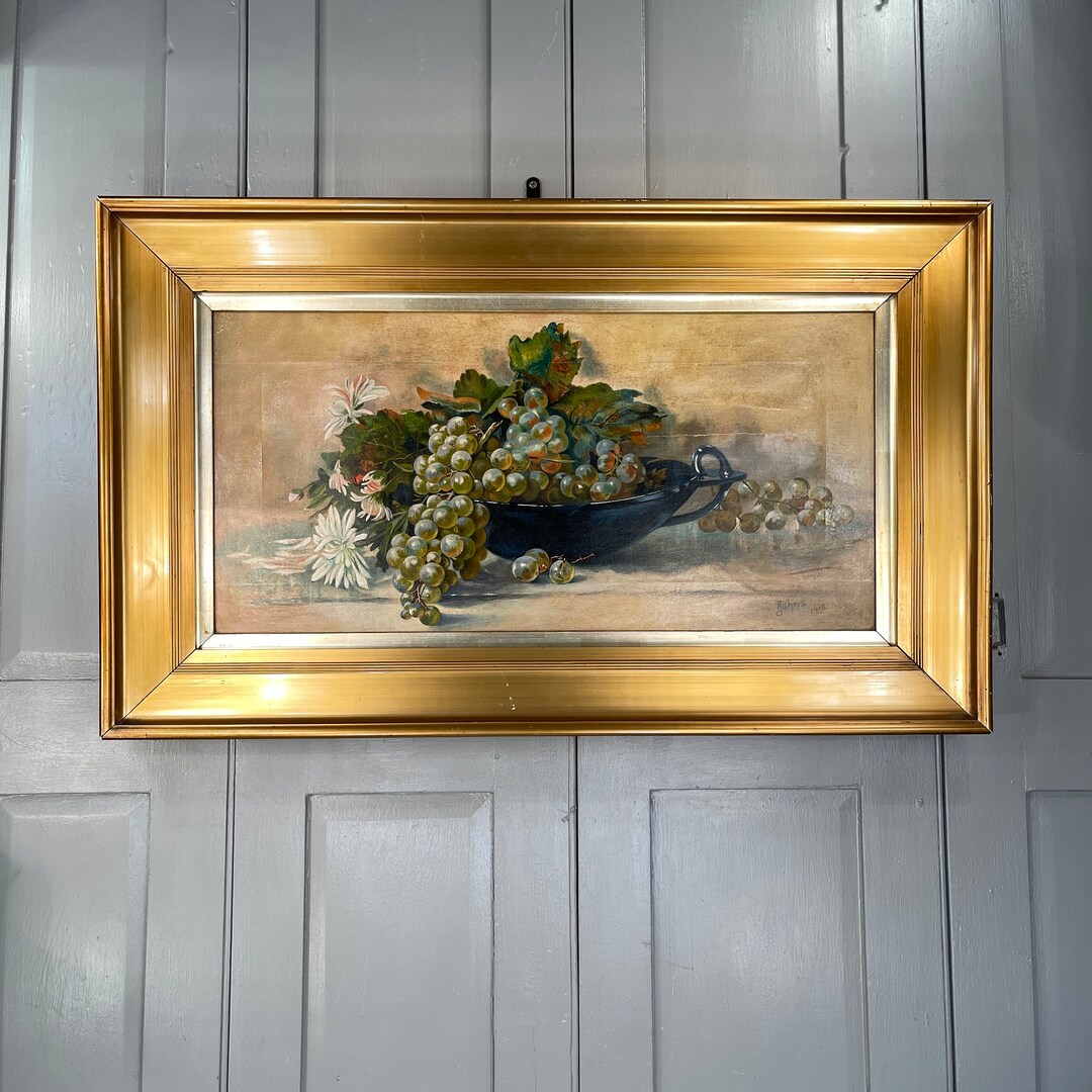 Large Antique Still Life Oil Painting Study of Fruit Grapes and Flowers ...