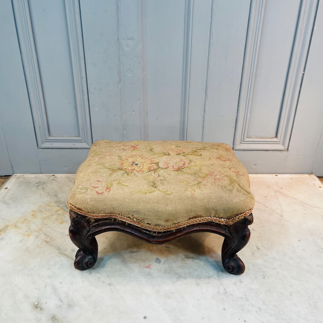 Antique Victorian Footstool With Wool Cross Stitch Top - Etsy