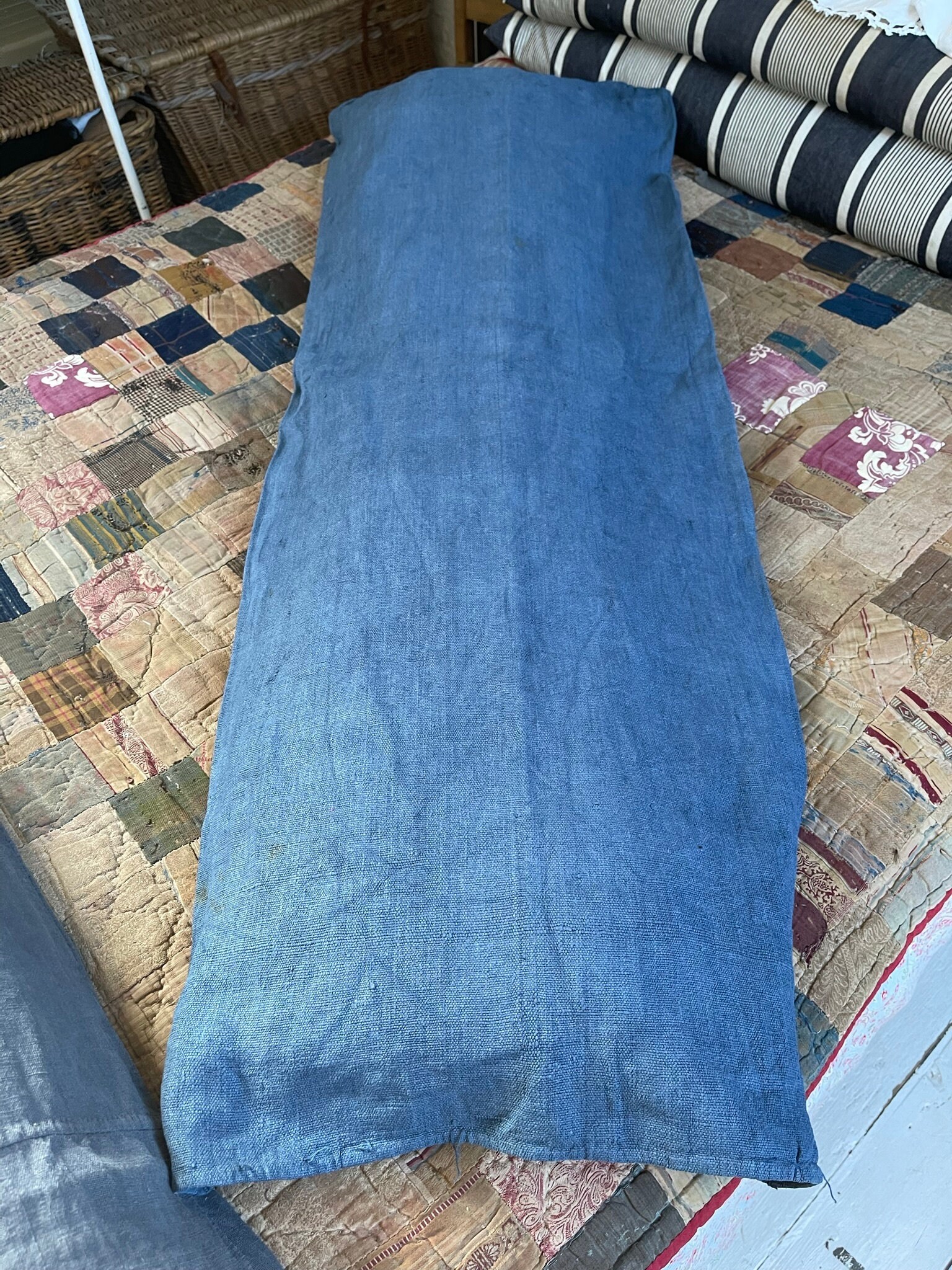 Antique French Blue Striped Bolster With Long Blue Linen | Etsy