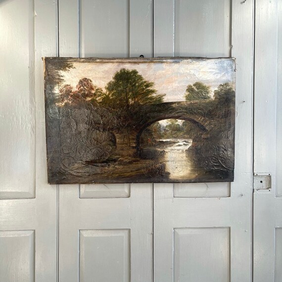 Antique river landscape oil painting of fisherman by Hawes | Etsy