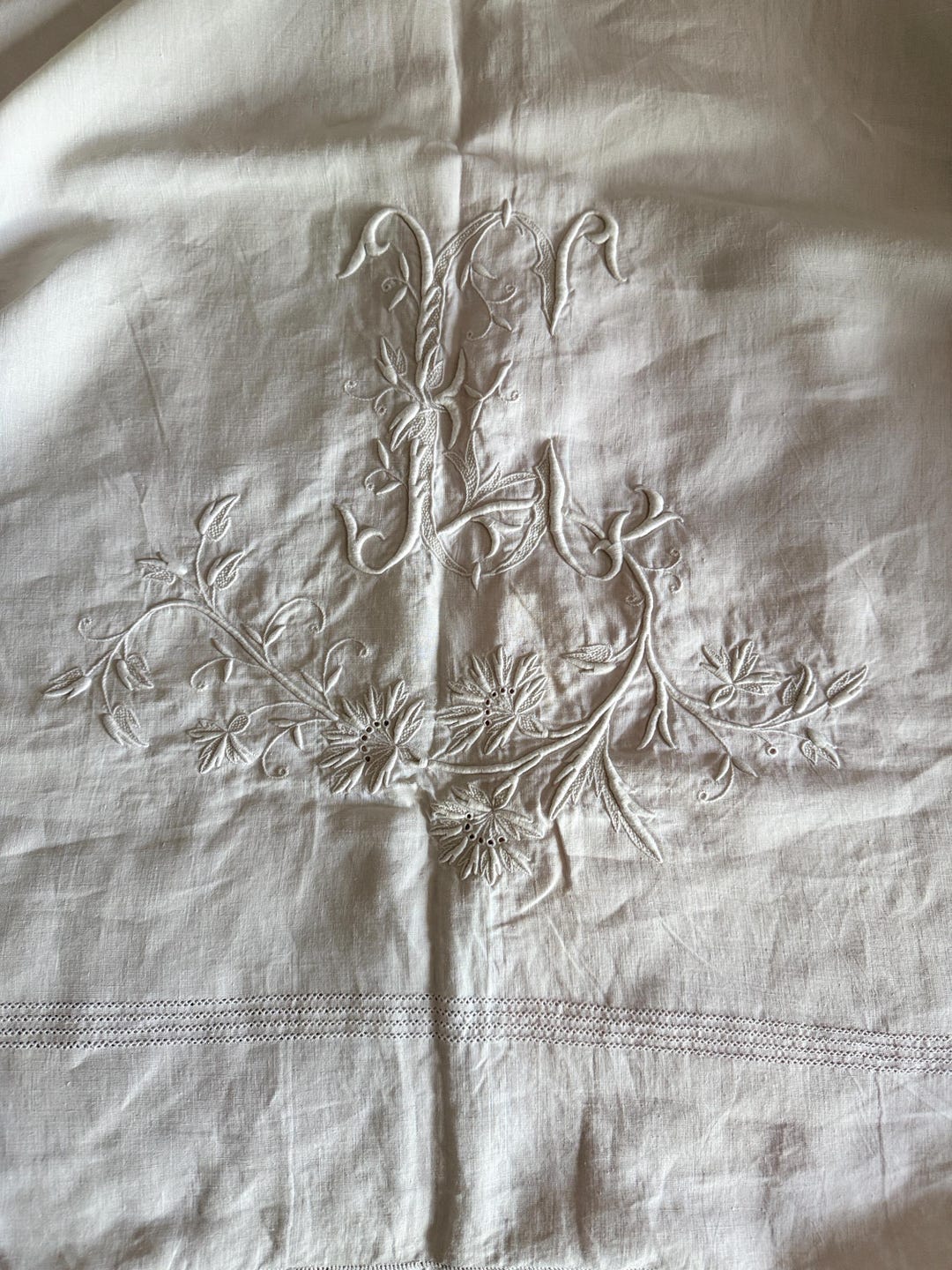 Antique French White Linen Double Sheet With Monogram, Embroidery and ...