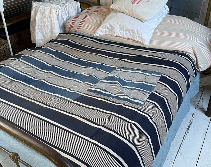 Antique French Blue White Striped Cotton Ticking Double Mattress Cover ...