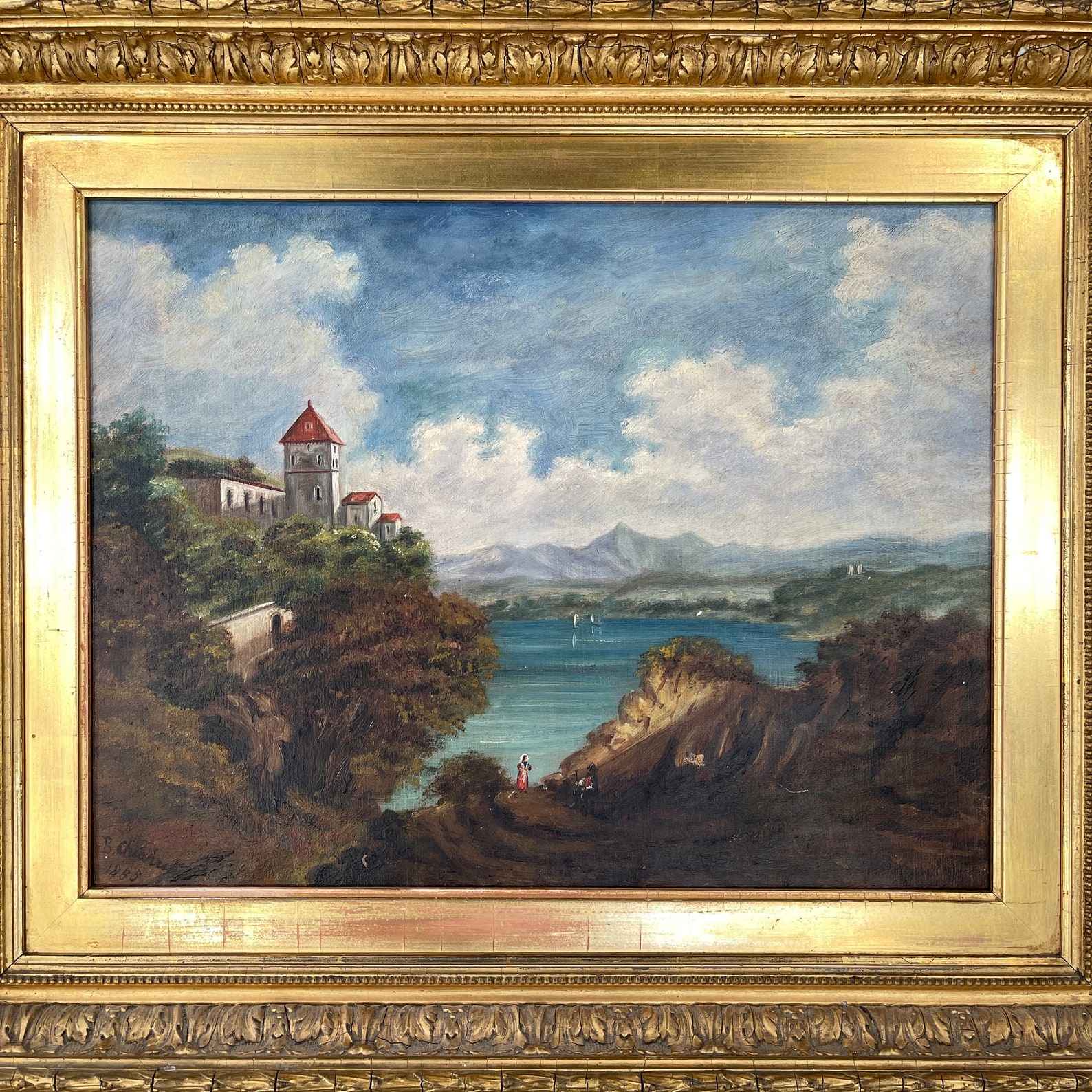 Antique Signed Landscape Oil Painting of Italian Lake Scene With Villa ...