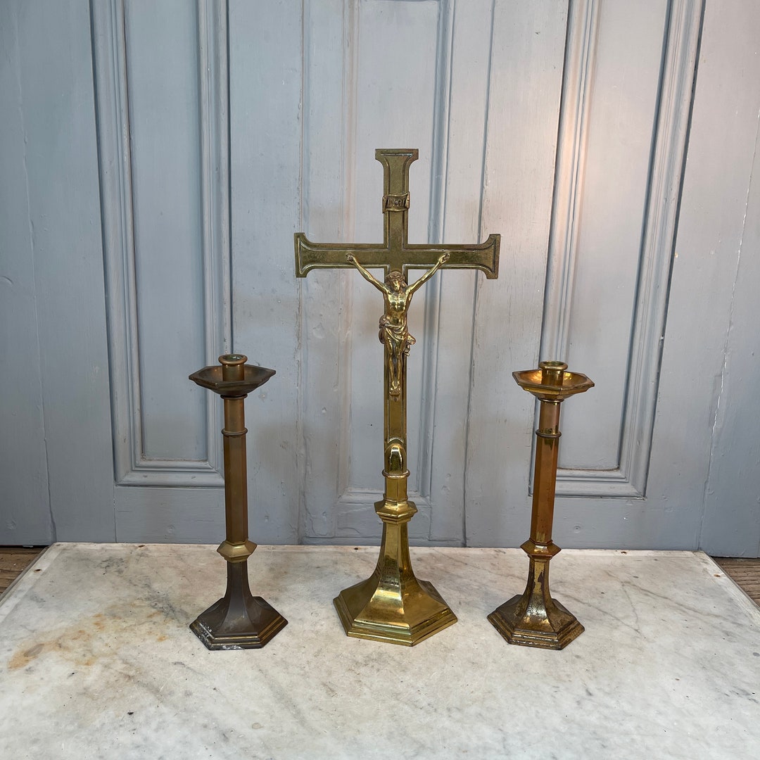 Large Antique Brass Church Altar Set Crucifix and Pair of Candlesticks ...