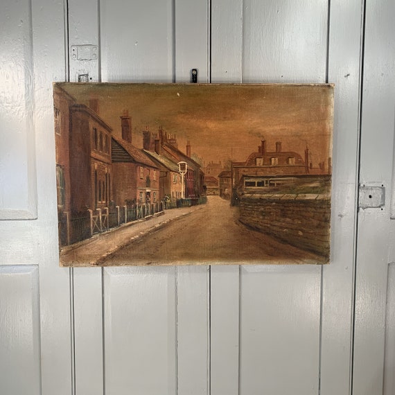 Antique oil painting townscape street scene with pub The Bee | Etsy