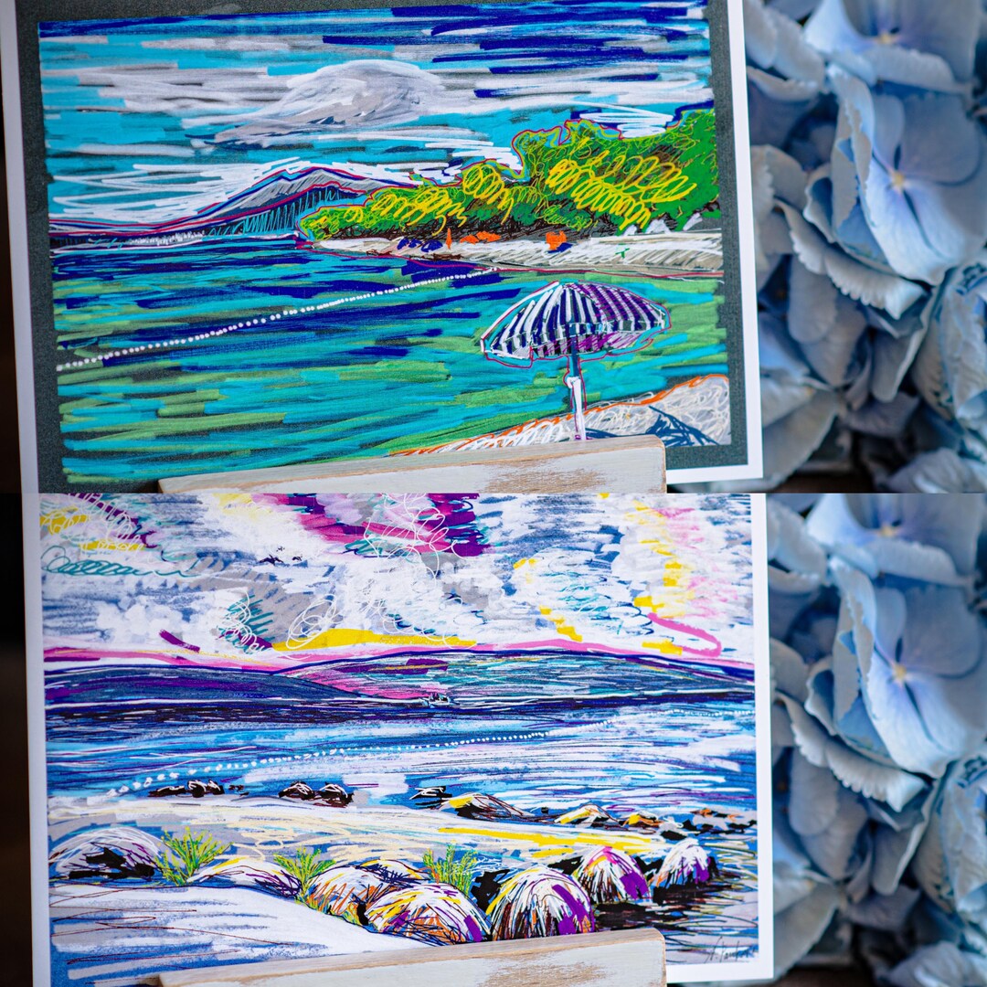 Beach Poster Art Summer Postcards Set of 2 Art Postcards Illustrated ...