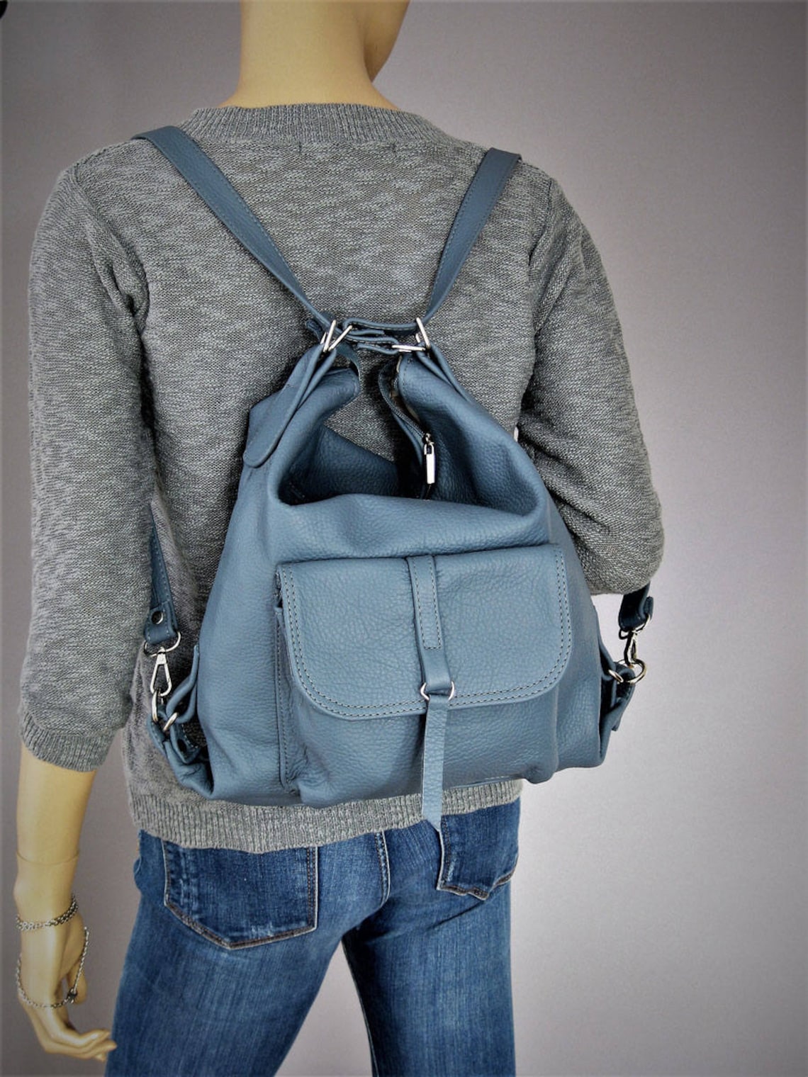 LEATHER BACKPACK Blue Leather PURSE Multi Way Rucksack Tote | Etsy