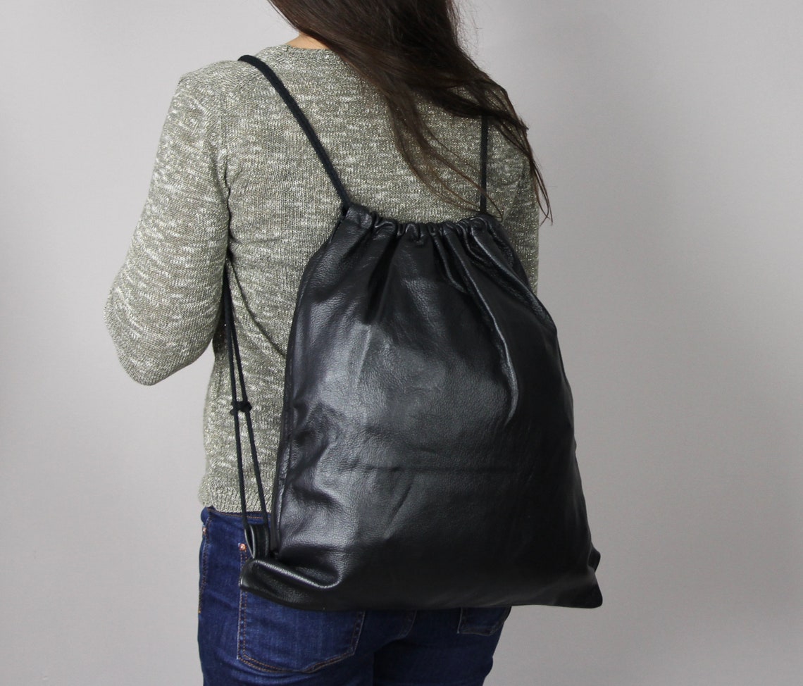 Black Leather Backpack: Italian Leather Drawstring Bag, Fits 15" Laptop ...