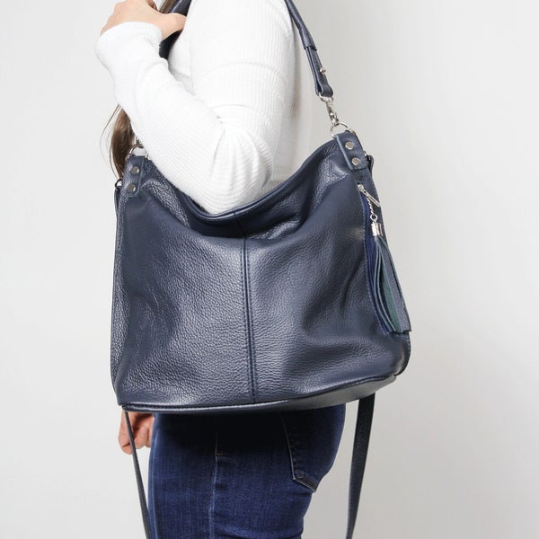 Navy Blue Leather Shoulder Bag - Etsy
