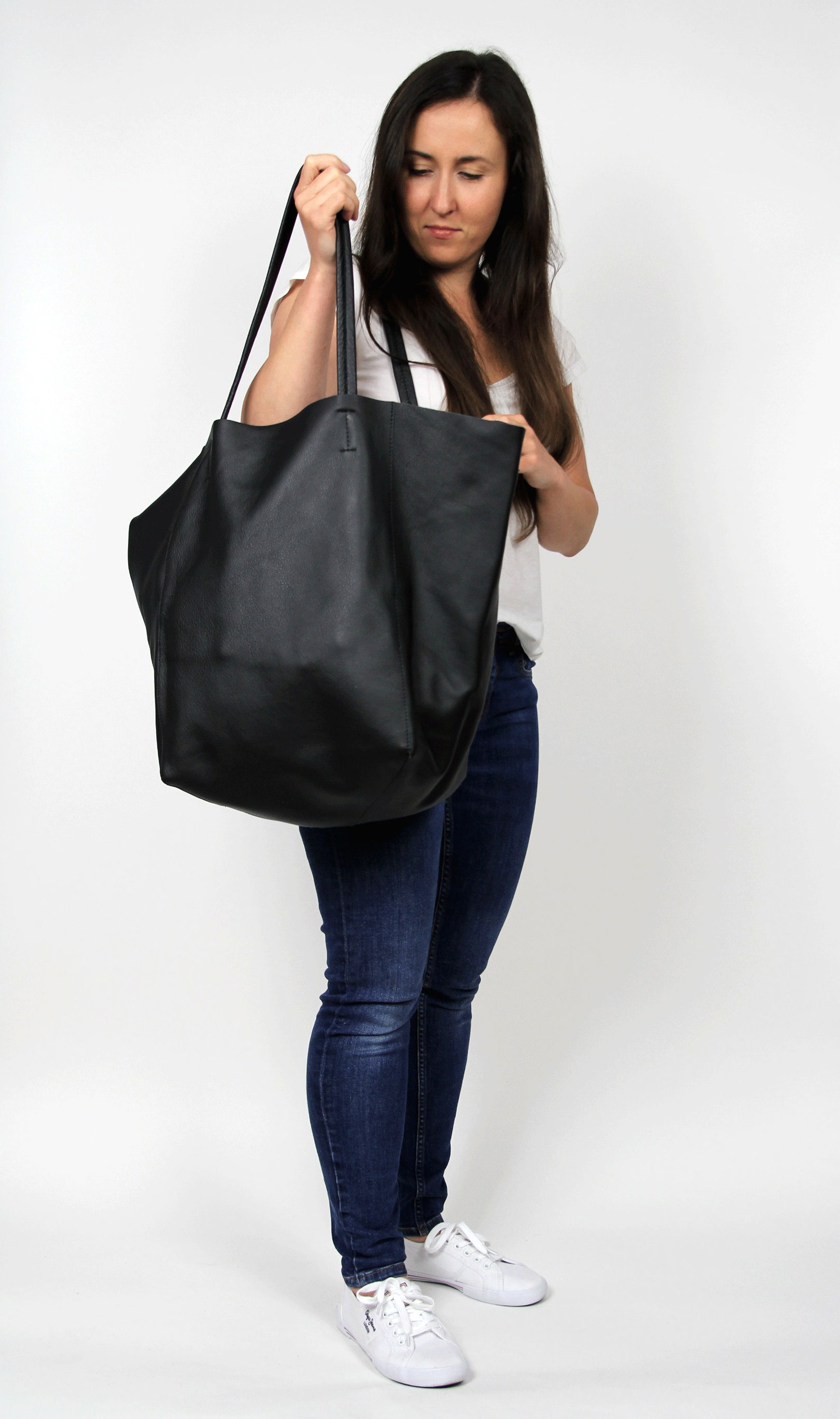Black Large Leather Bag Black Tote Oversized Bag Everyday - Etsy
