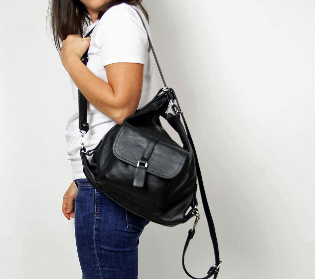 BLACK LEATHER BACKPACK Purse for Women - Convertible Multiway Rucksack ...