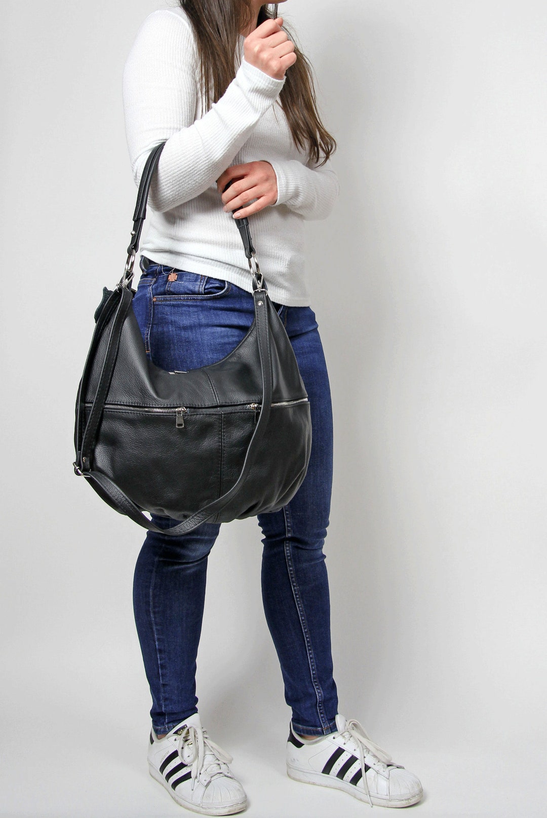 Black Leather Hobo Bag: Everyday Shoulder Crossbody With Multiple ...