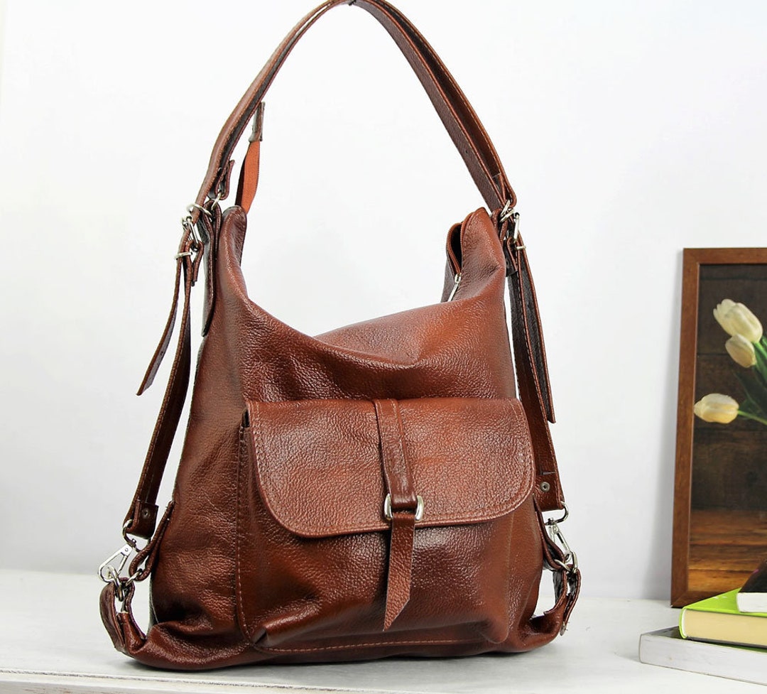 Cognac Brown Leather Convertible Backpack Purse With Pocket - Etsy