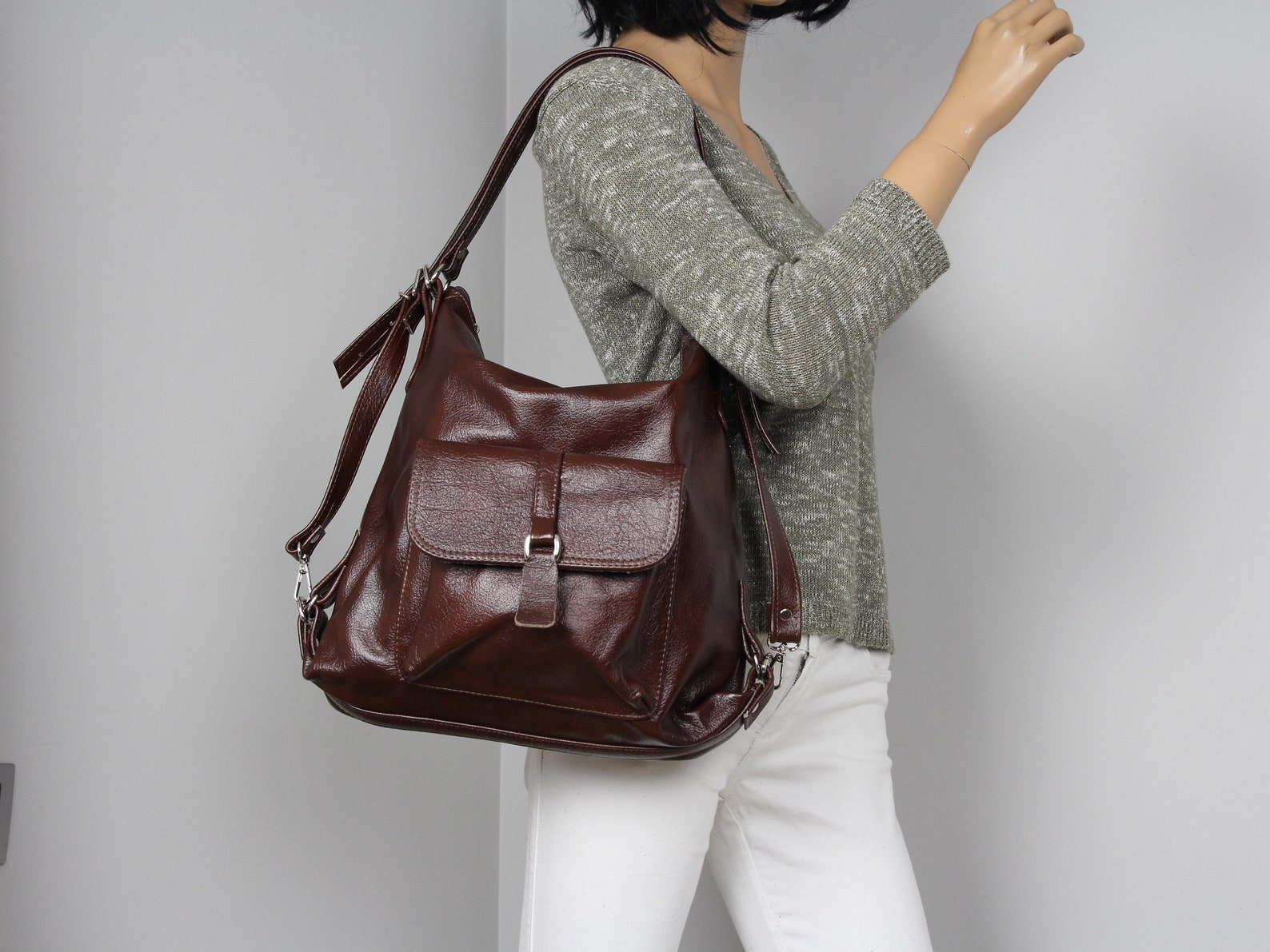 LEATHER BACKPACK PURSE Multi Way Rucksack Convertible Tote Bag ...