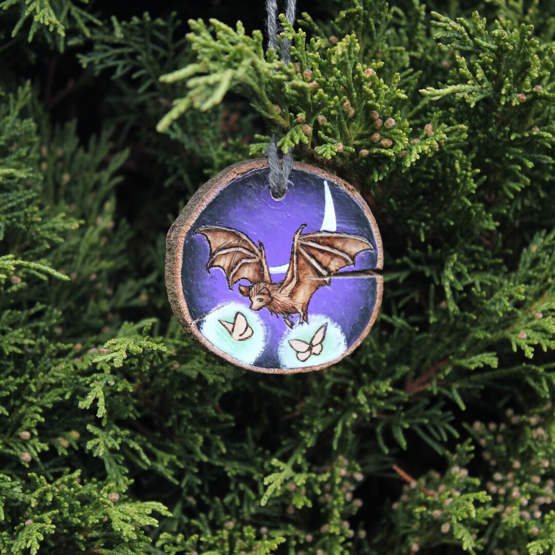 Bat and Moths Pyrography Ornament Wood Burned and Painted - Etsy