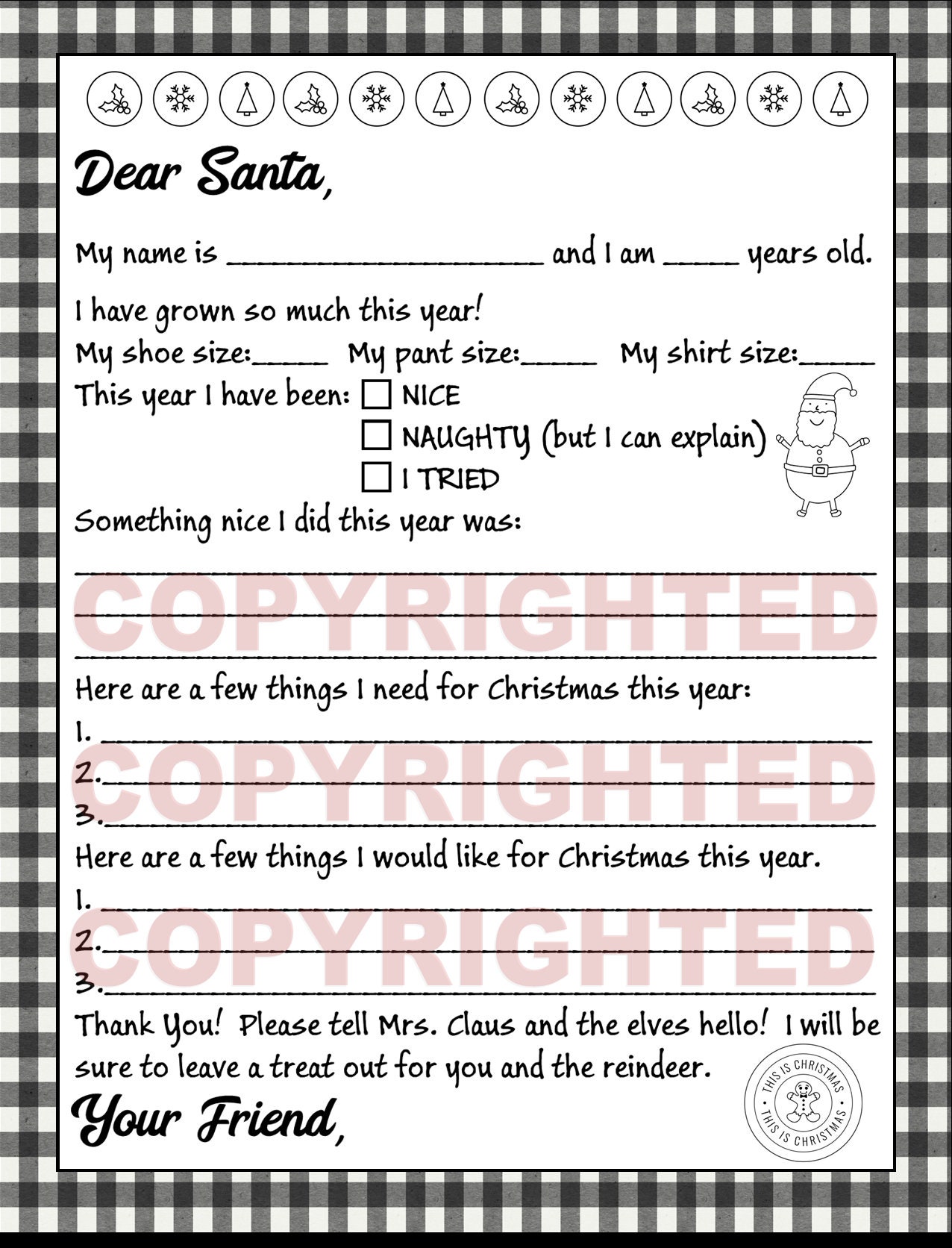 Black and White Santa Letter Template - Etsy