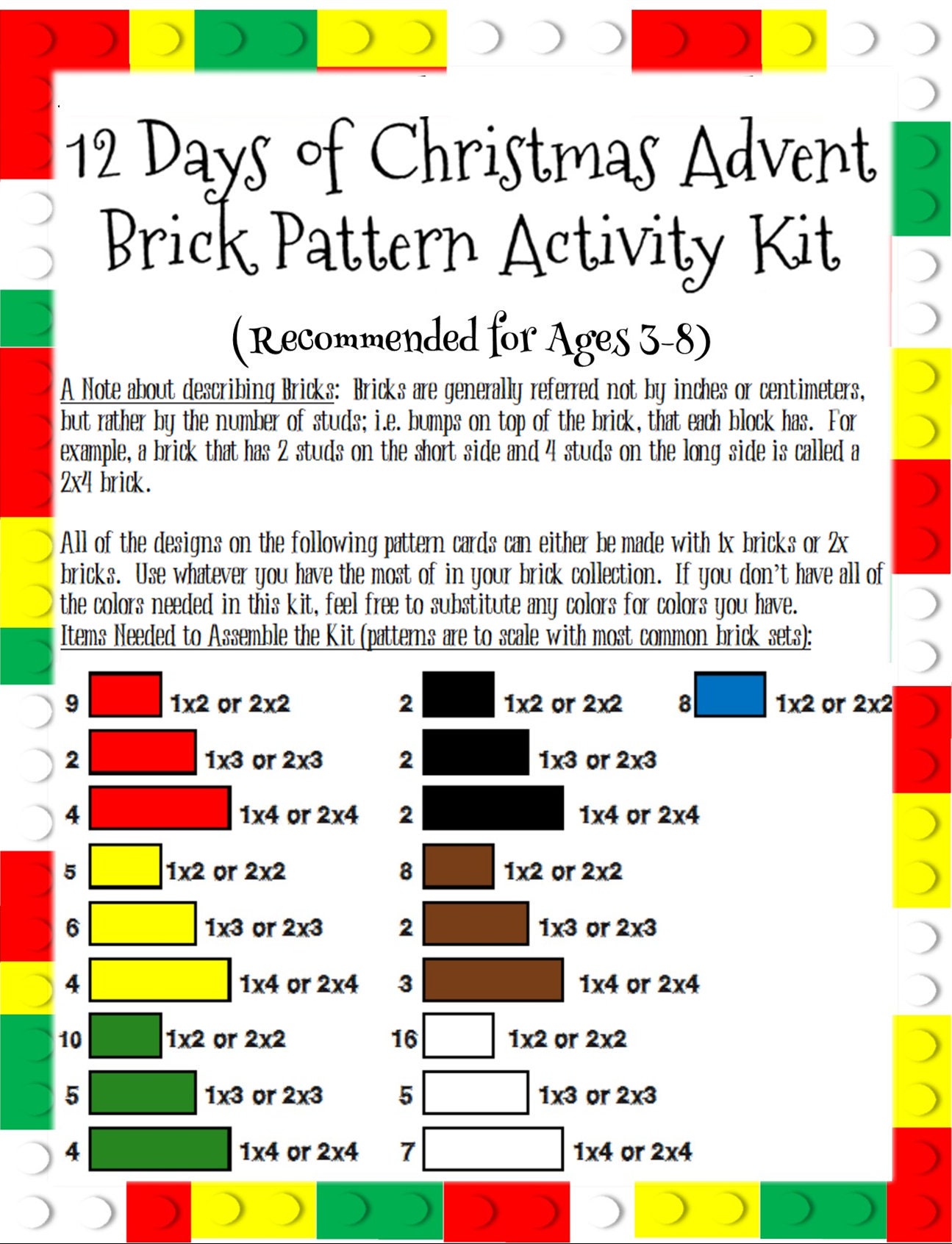 12 Days of Christmas Advent Brick Pattern Activity Kit - Etsy