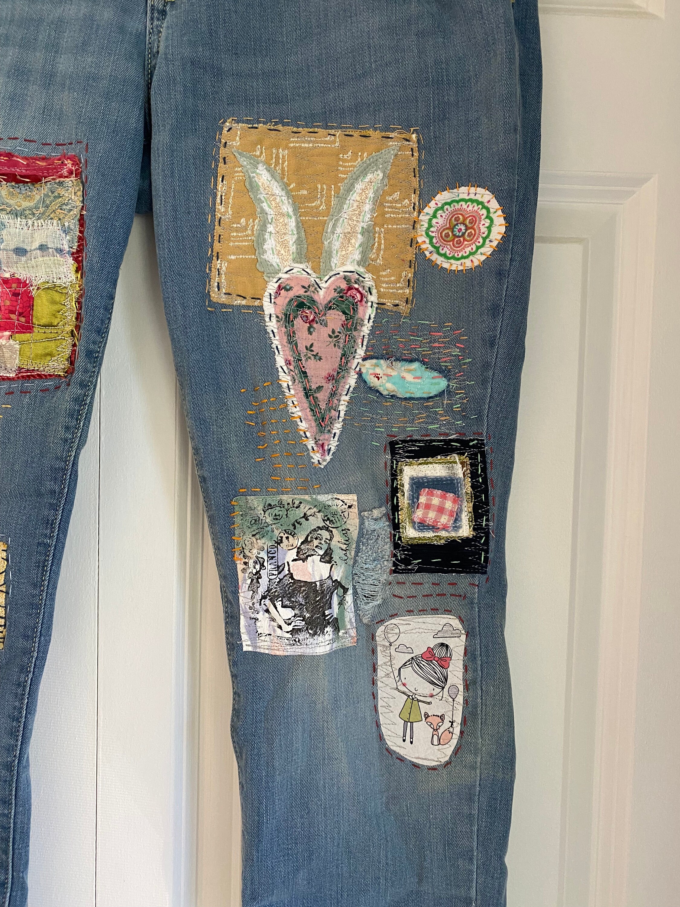 Embellished Ladies Jeans Boho OOAK Patched Blue Jeans Stitching ...