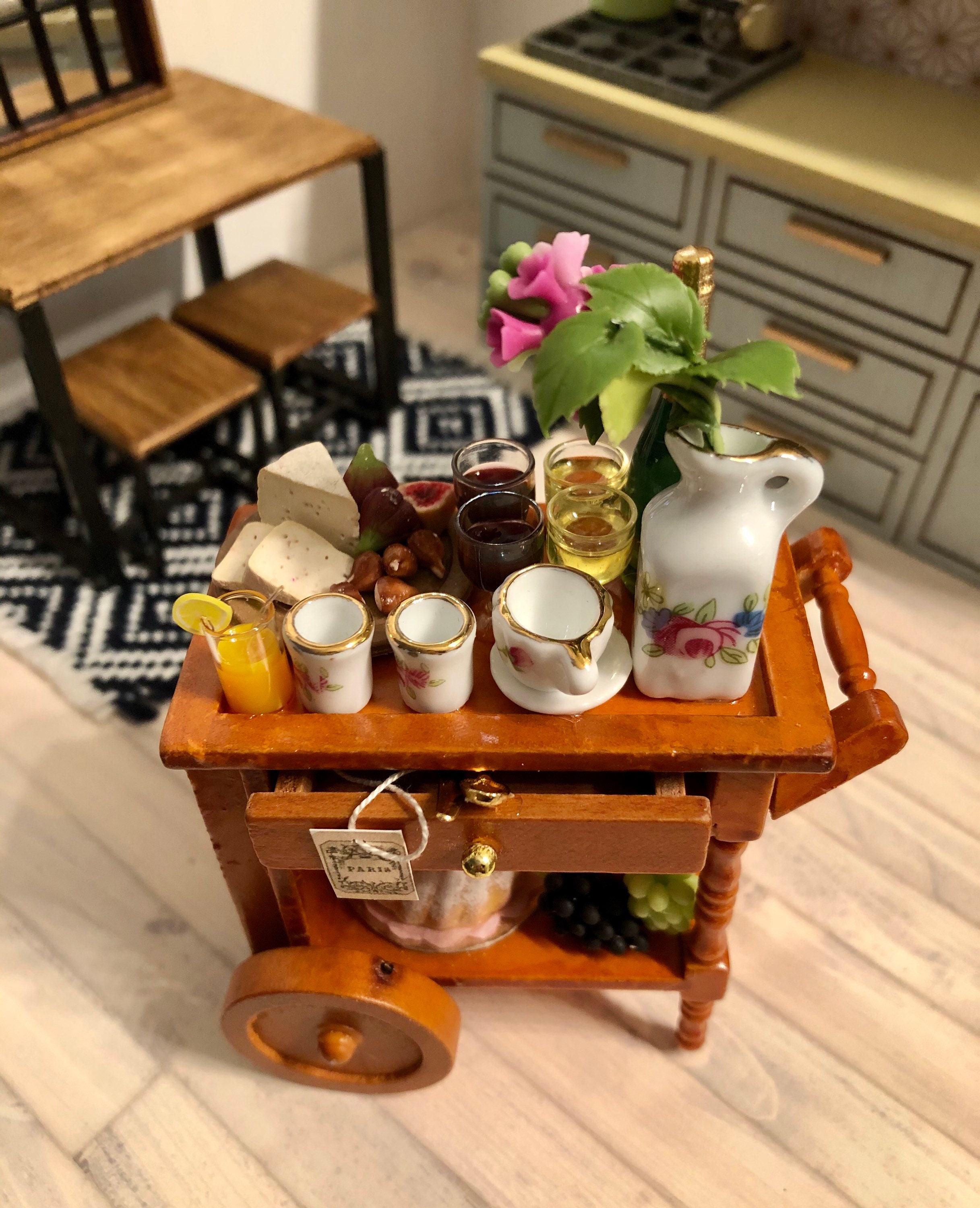Unique 1/12 Miniature Wood Tea Cart - Tea/coffee Time - Full With ...